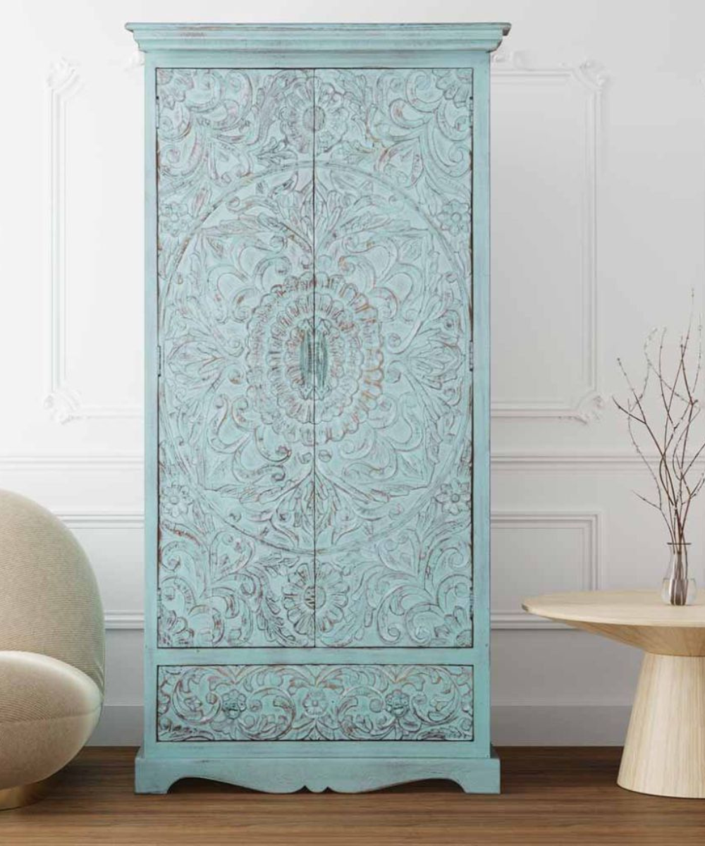 Carved Wooden Wardrobe for Bedroom – Elegant Door Armoire with Storage
